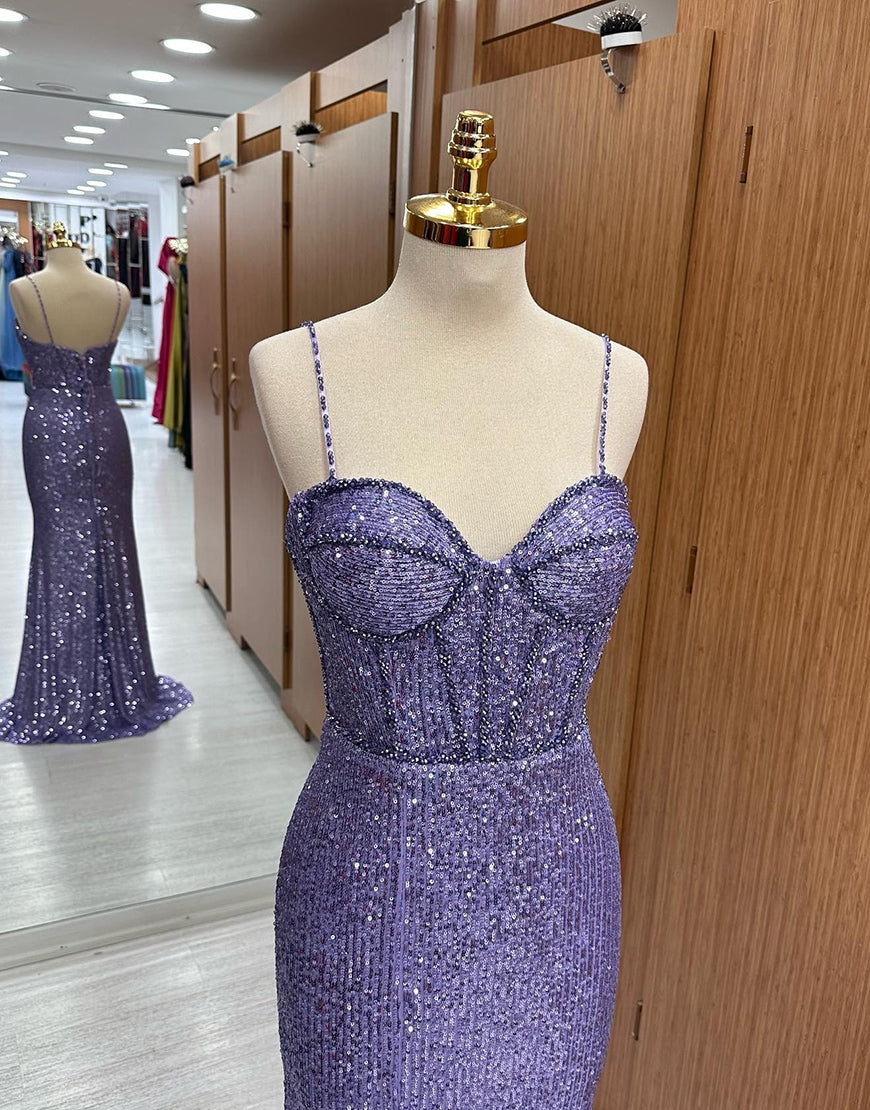 Dressself Women Glitter Dark Purple Mermaid Long Corset Prom Dress With Split & Party Dress