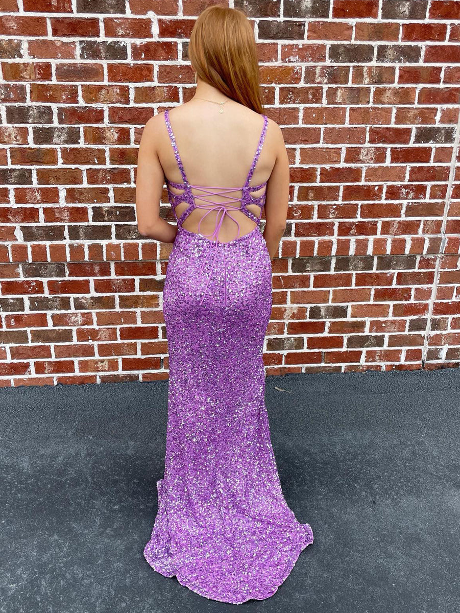 Dressself Women Purple Prom Dress Spaghetti Straps Mermaid Evening Dress With Slit