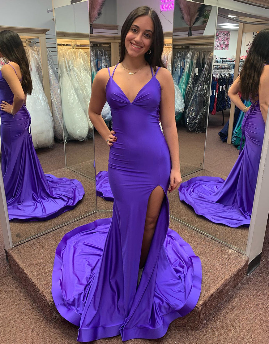 Dressself Women Purple Mermaid Spaghetti Straps Long Prom Dress With Slit Party Dress