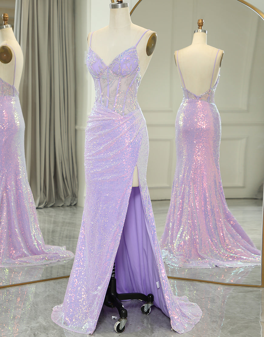 Dressself Women Sparkly Purple Mermaid Backless Long Corset Prom Dress With Slit & Party Dress