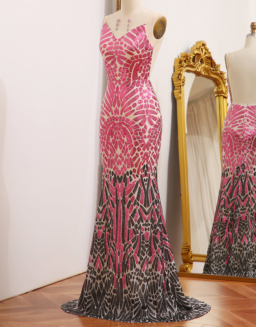 Dressself Women Purple Sparkly Stylish Sequins Mermaid Open Back Long Prom Dress Party Dress