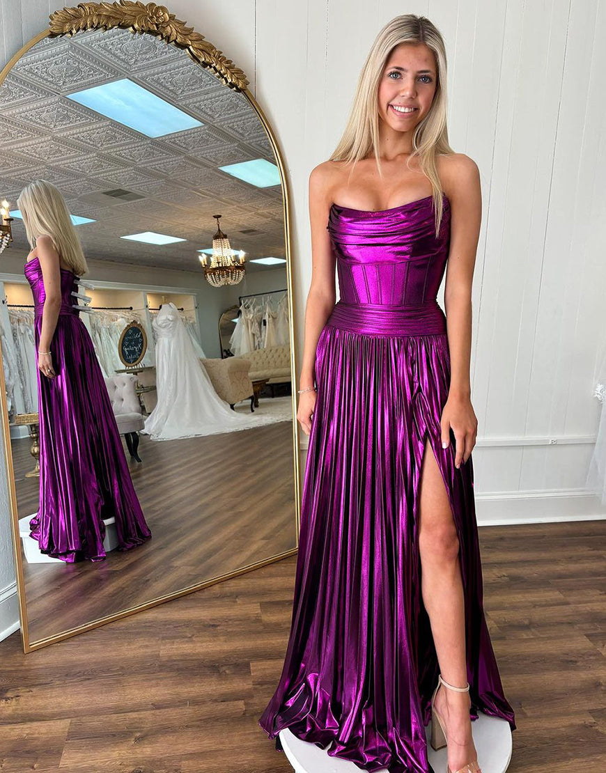 Dressself Women Purple Mermaid Satin Cute Long Prom Dress With Slit Party Dress