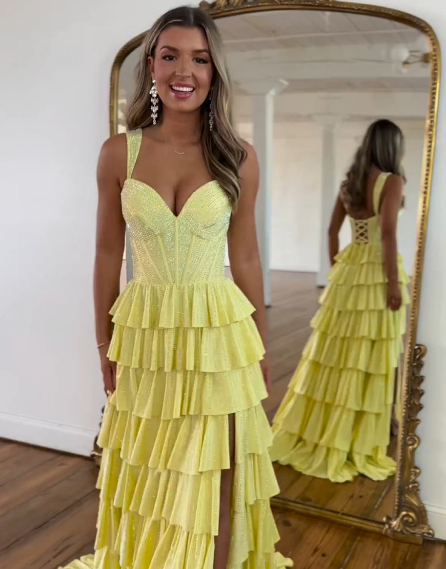 Dressself Women Yellow A Line Beaded Long Prom Dress with Slit Floor ...