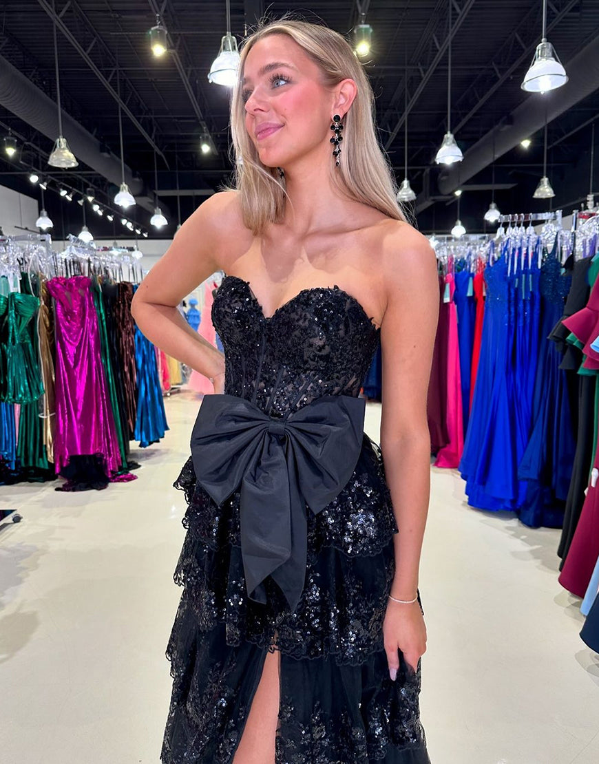 Dressself Gorgeous Black Sweetheart Cascading Ruffles Prom Dress with Bow