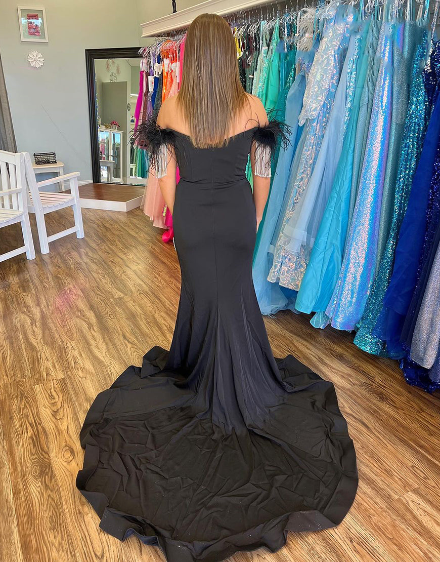 Dressself Mermaid Strapless Black V-Neck Tassel Sleeveless Sweep Train ...