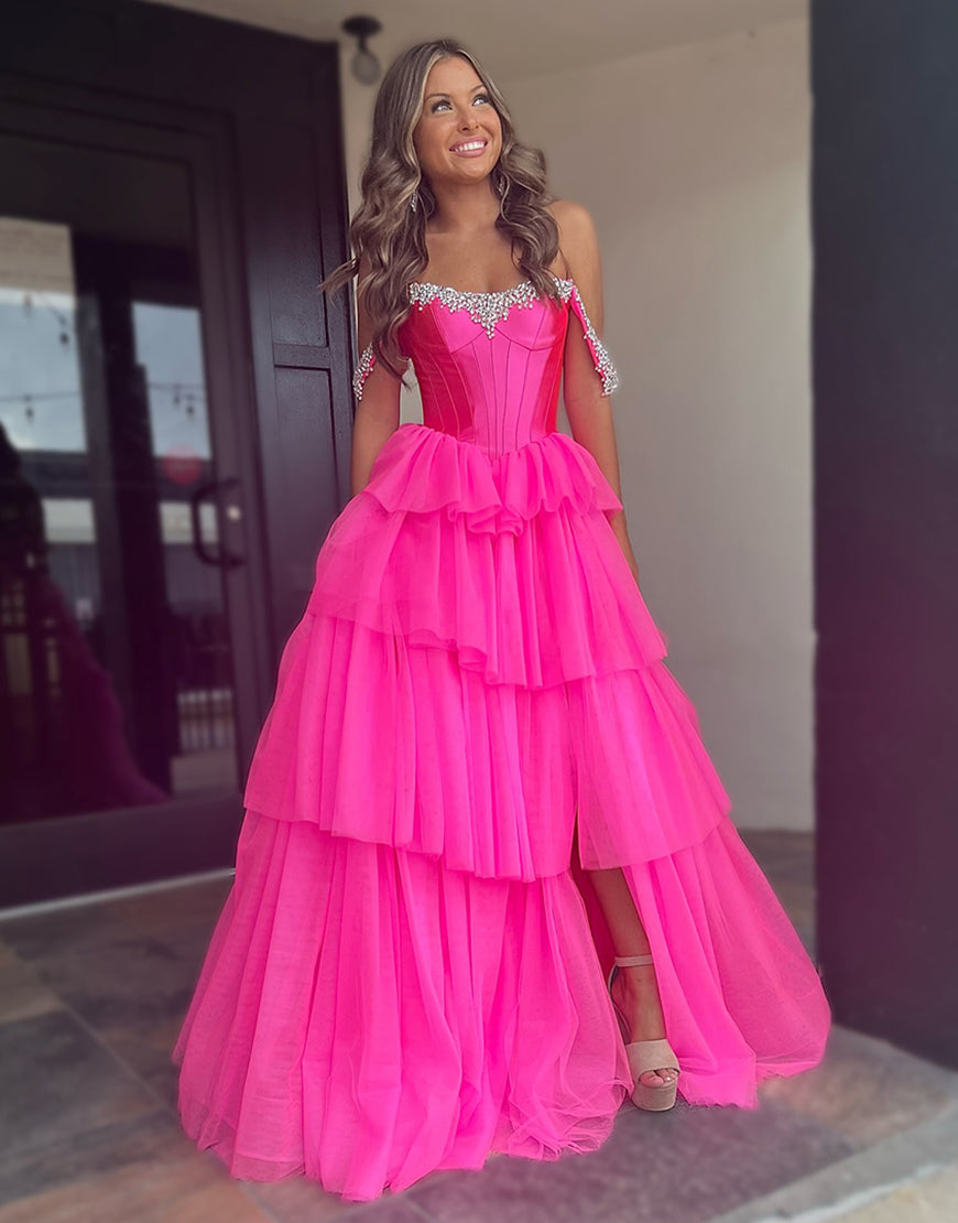 Dressself Fuchsia A-Line Strapless Sleeveless Backless Cascading ...