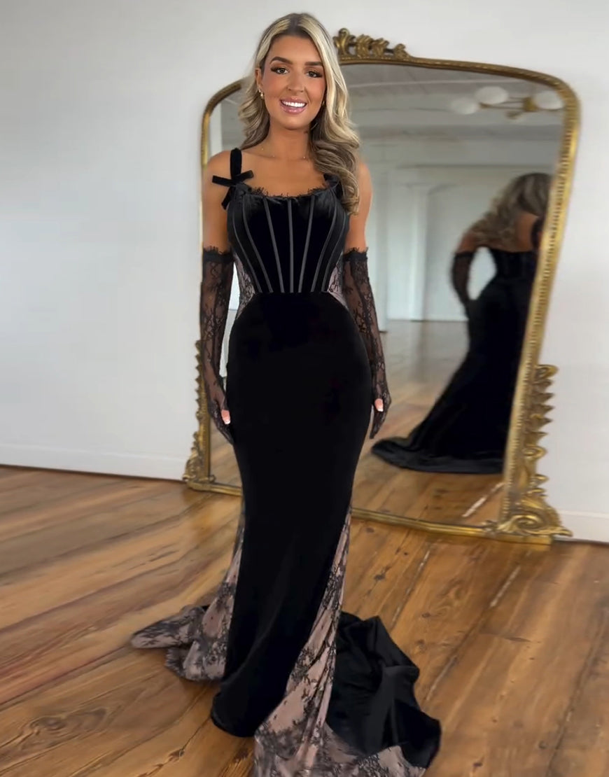 Dressself Black Sheath Spaghetti Sleeveless Lace Applique Prom Dress ...