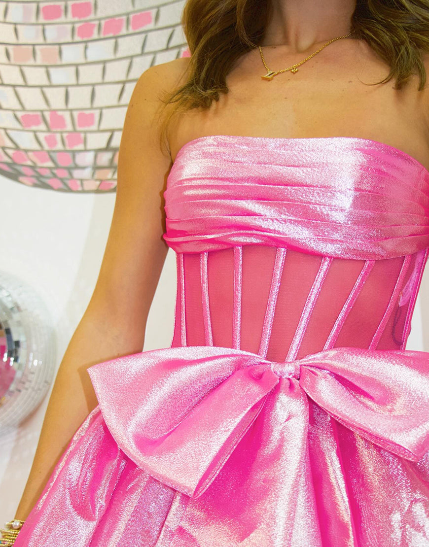 Dressself Chic Pink Strapless Bow A-Line Sleeveless Backless Tiered ...