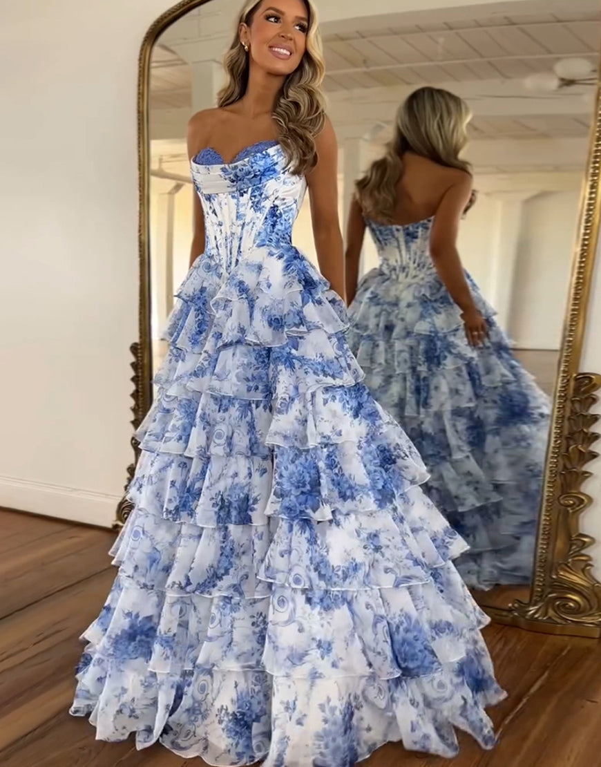 Dressself White Blue Flower A-Line Strapless Sleeveless Backless Corset ...