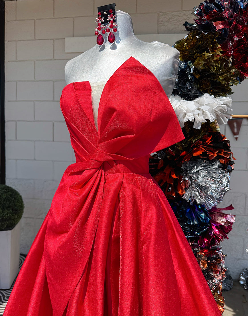 Dressself Women Strapless Prom Dress A Line Bowed Ruched Red Evening Dress