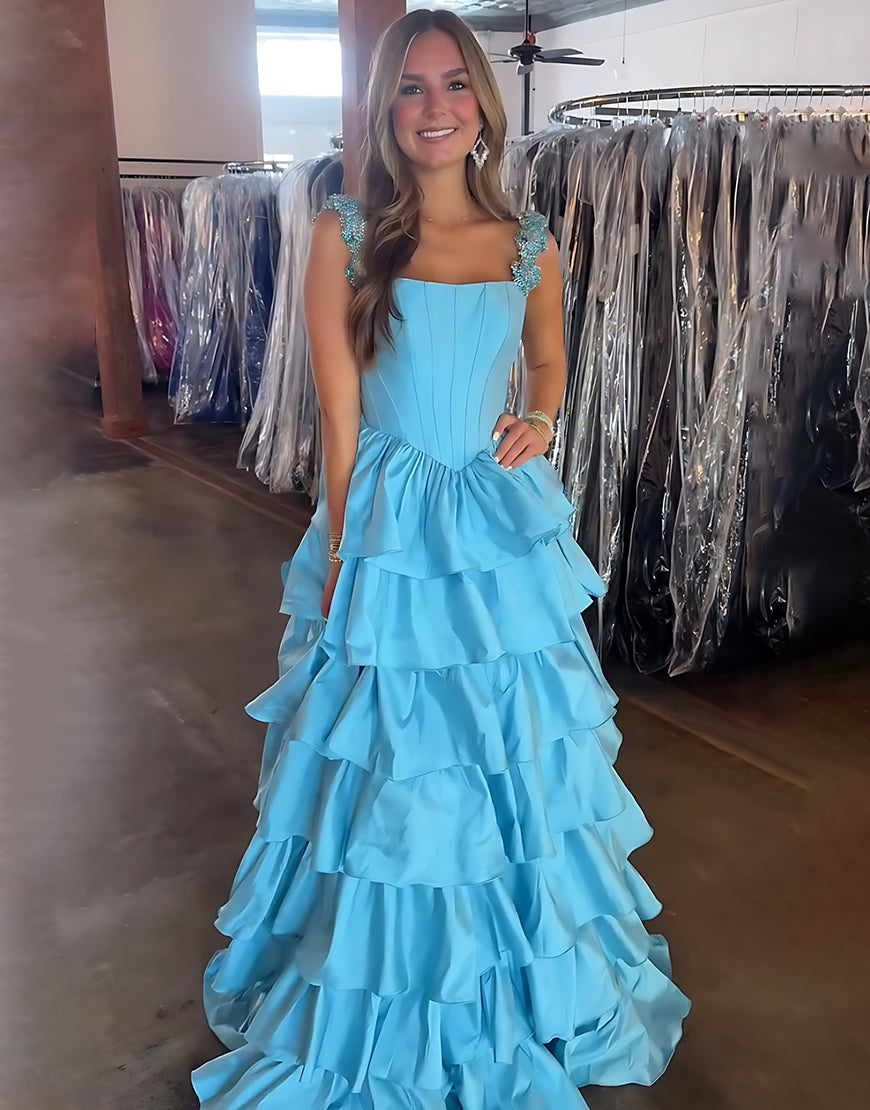 Dressself Women Blue Tiered Prom Dress Corset A Line Square Neck ...