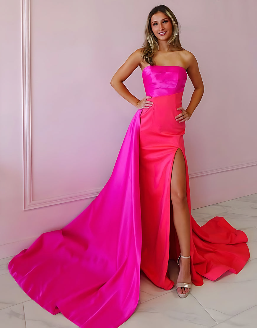Dressself Women Sheath Prom Dress with Slit Fuchsia Strapless Evening ...