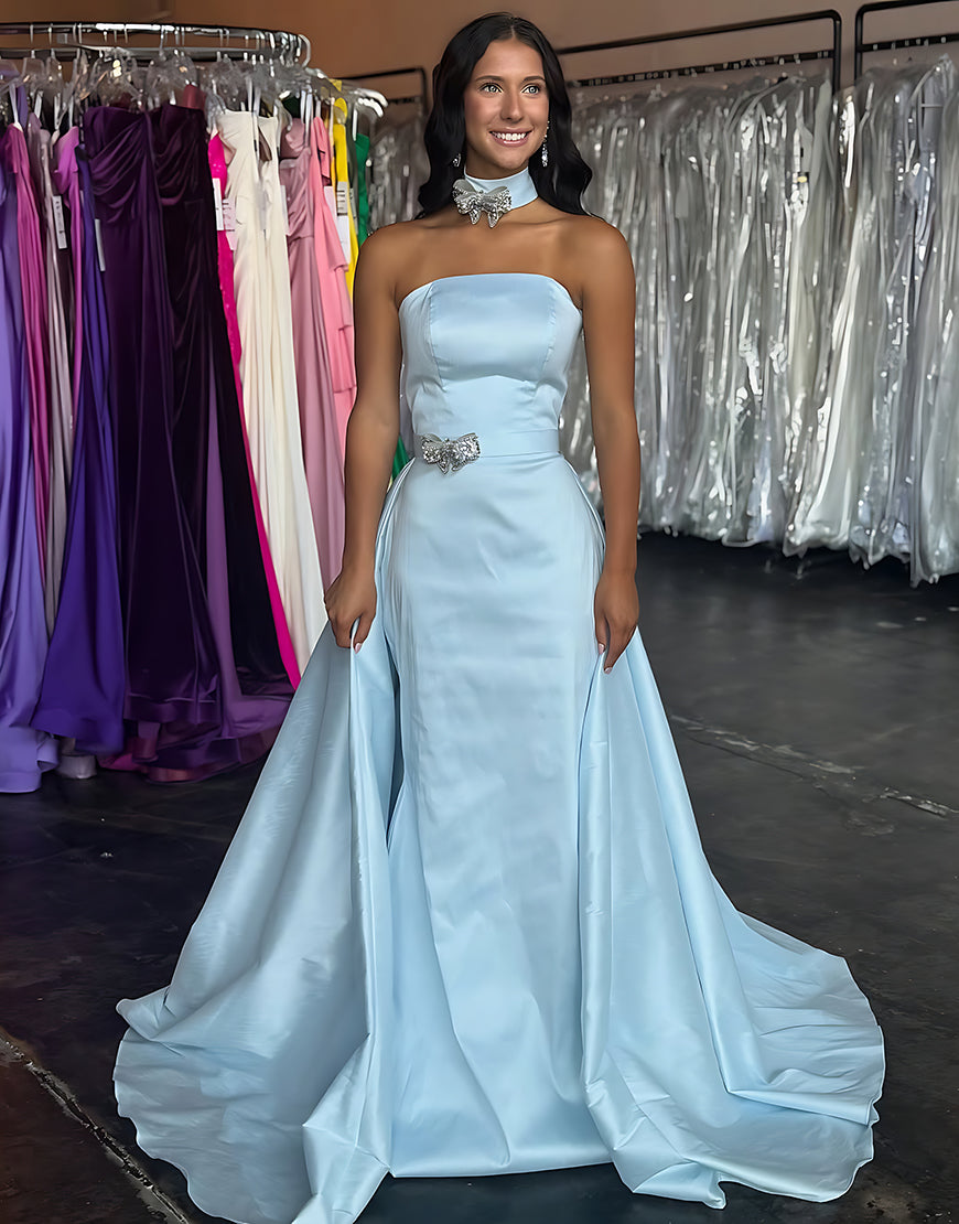Dressself Women Strapless Prom Dress Light Blue Sheath Satin Evening ...