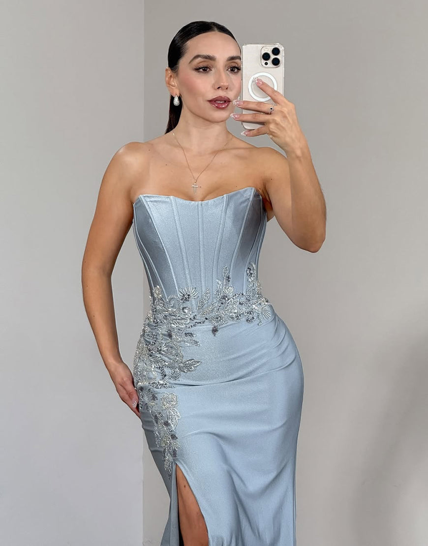 Dressself Women Strapless Prom Dress with Slit Mermaid Embroidered Grey ...