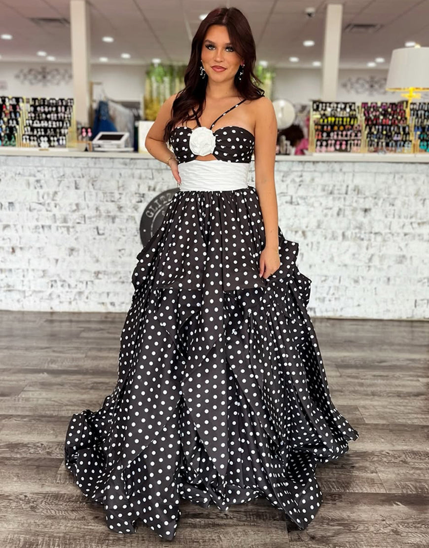 Dressself Women Black White Dot Prom Dress A Line 3D Flower Spaghetti ...