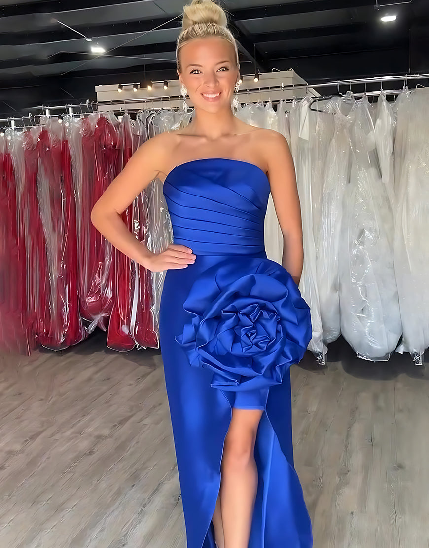 Dressself Women Strapless Prom Dress Ruched 3D Flower Satin A Line ...