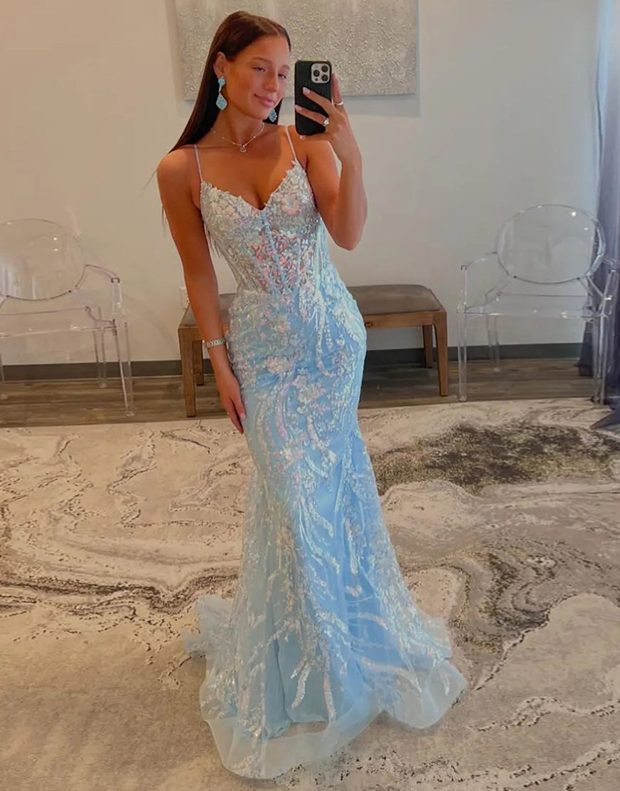 Dressself Light Blue Mermaid Spaghetti Straps V-Neck Sleeveless ...