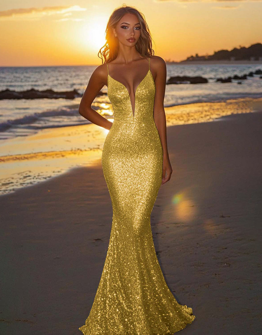 Dressself Sparkly Spaghetti Sleeveless Backless Zipper Mermaid Long ...
