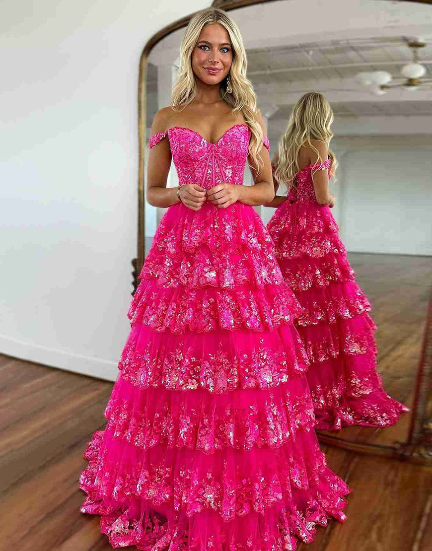 Dressself Women Princess A Line Off the Shoulder Fuchsia Long Prom ...