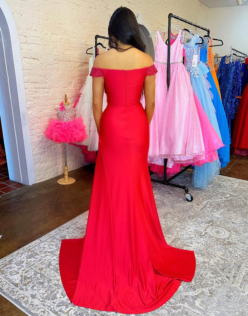 Dressself Women Red Mermaid Sequined Off The Shoulder Long Prom Dress ...