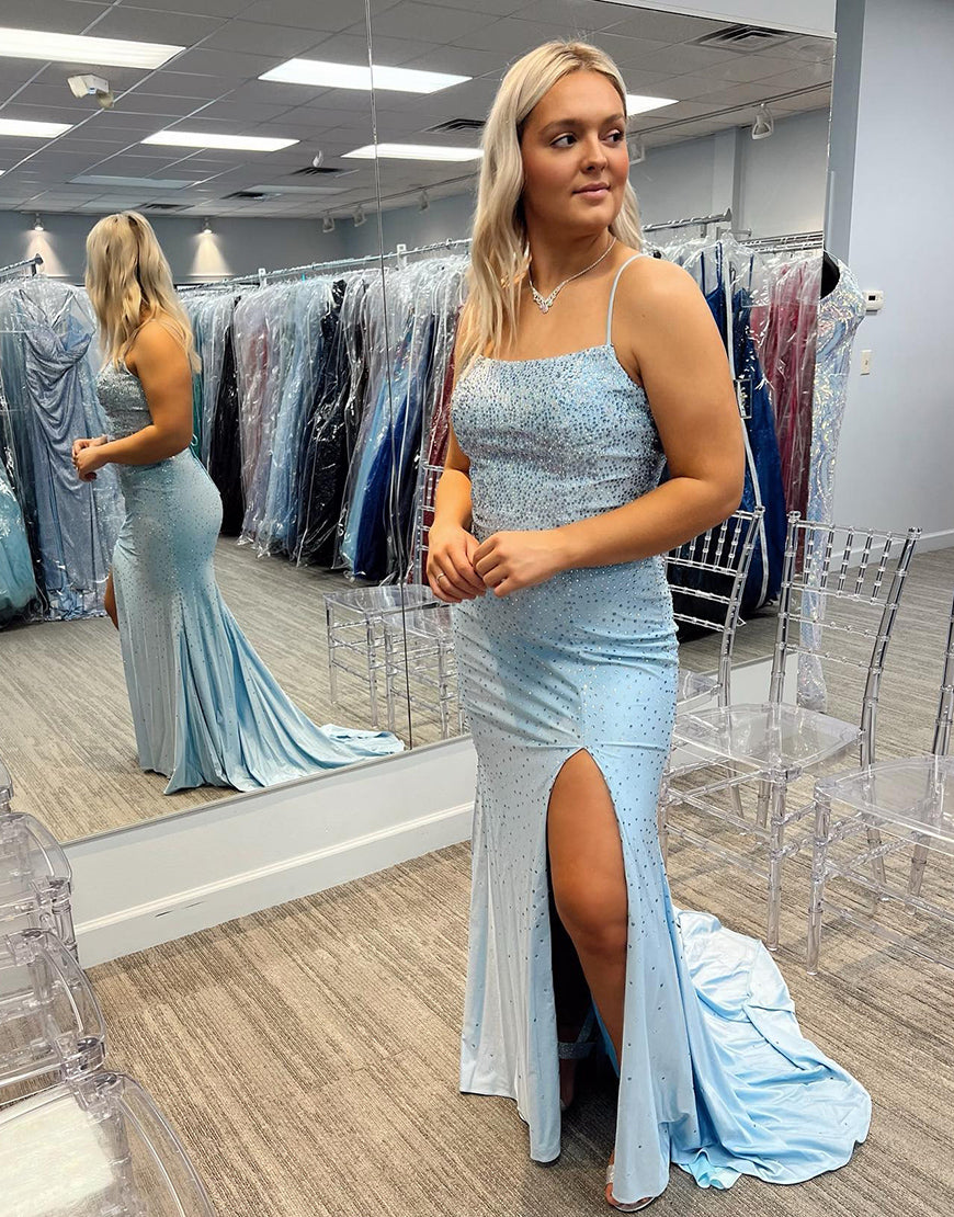 Dressself Women Sparkly Blue Long Mermaid Prom Dress With Split & Party ...