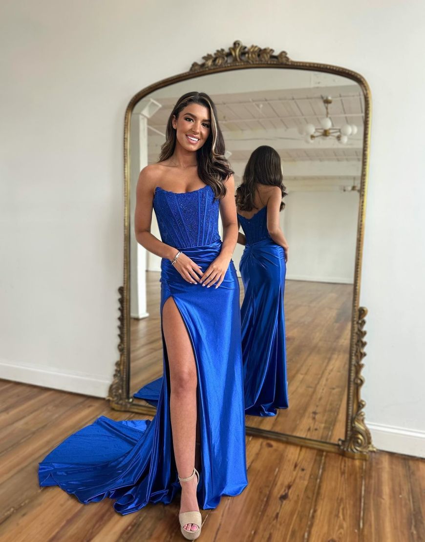 Dressself Satin Long Red Split Strapless Prom Dress Corset Formal Dress