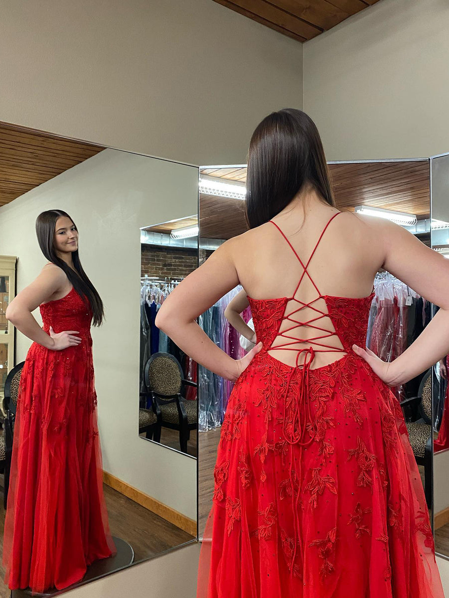 Dressself Women Red Prom Dress Halter Princess V Neck Formal Dress With ...