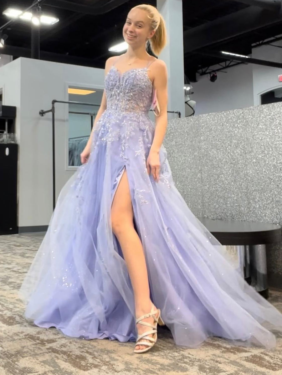 Dressself Women Light Purple Prom Dress Spaghetti Straps Sparkly ...