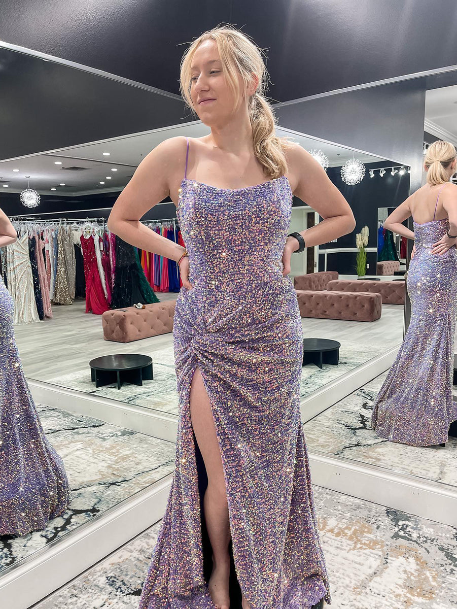 Dressself Women Light Purple Prom Dress Spaghetti Straps Sequin Party ...