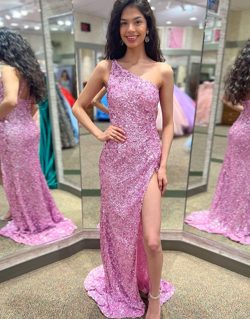 Dressself Women Light Purple Prom Dress One Shoulder Sequin Party Dress ...