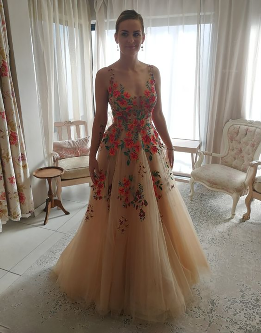 Dressself Women Champagne Prom Dress V Neck Flower Tulle A Line Party Dress