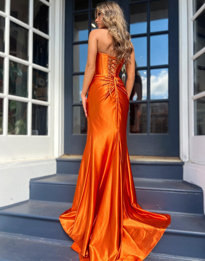 Dressself Women Orange Mermaid Strapless Long Prom Dress With Slit ...