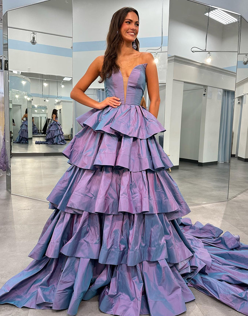 Dressself Women A Line Purple Off The Shoulder Long Tiered Prom Dress ...