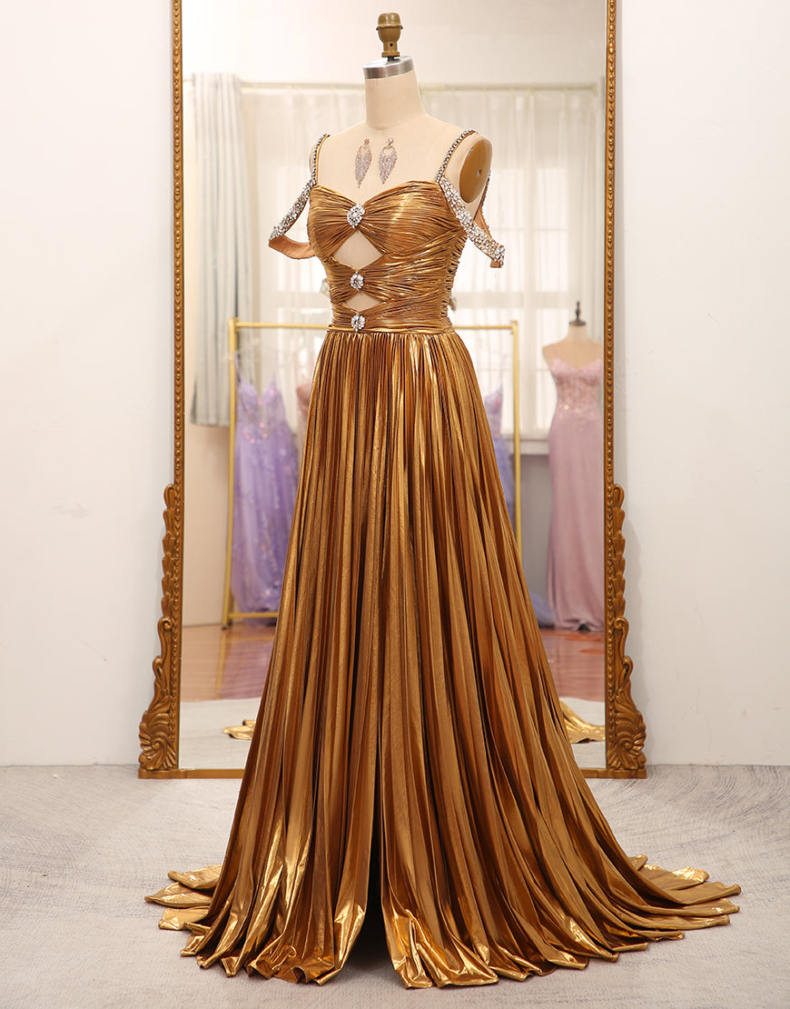 Dressself Women Stunning A Line Off the Shoulder Gold Long Prom Dress ...