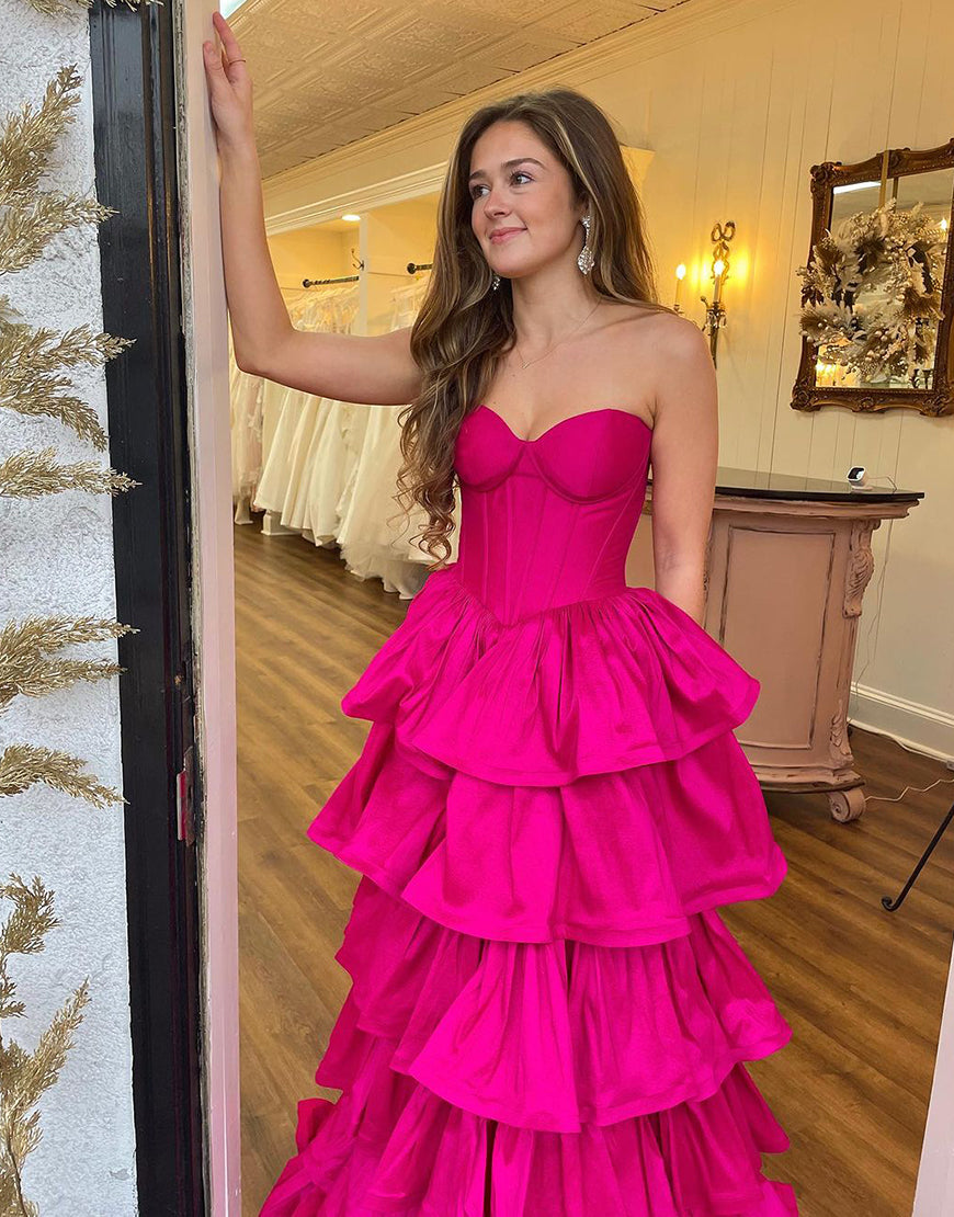 Dressself Women Fuchsia A Line Off The Shoulder Tiered Long Prom Dress ...