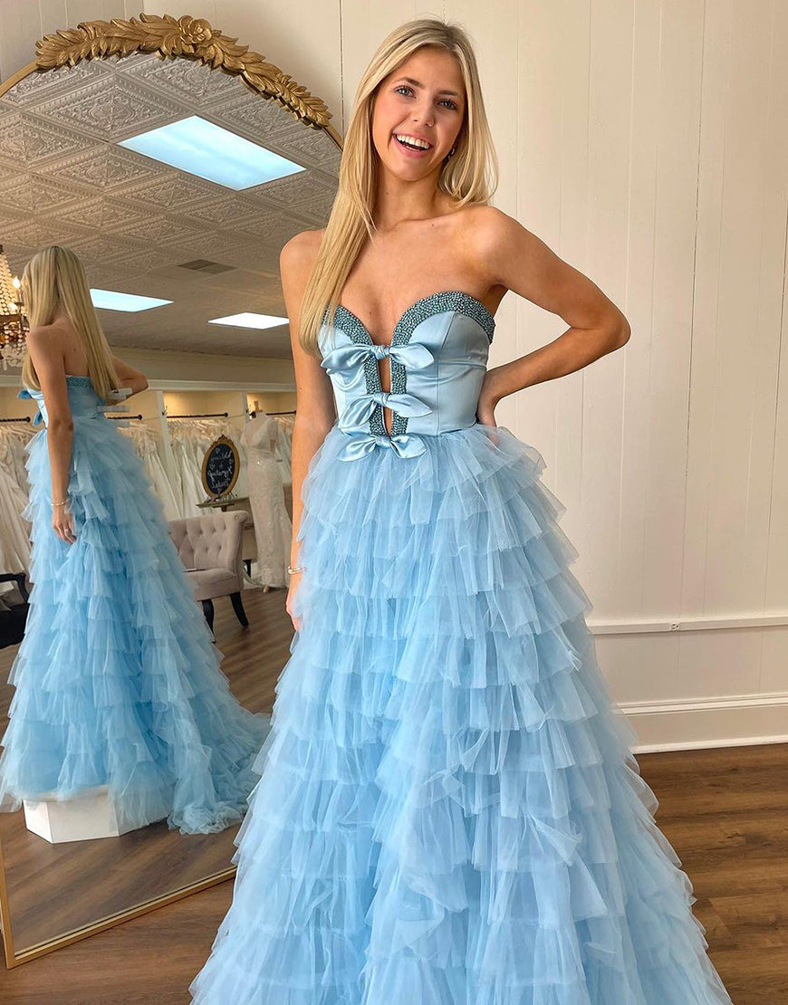 Dressself Women Sky Blue A Line Strapless Ruffle Tiered Long Prom Dress ...