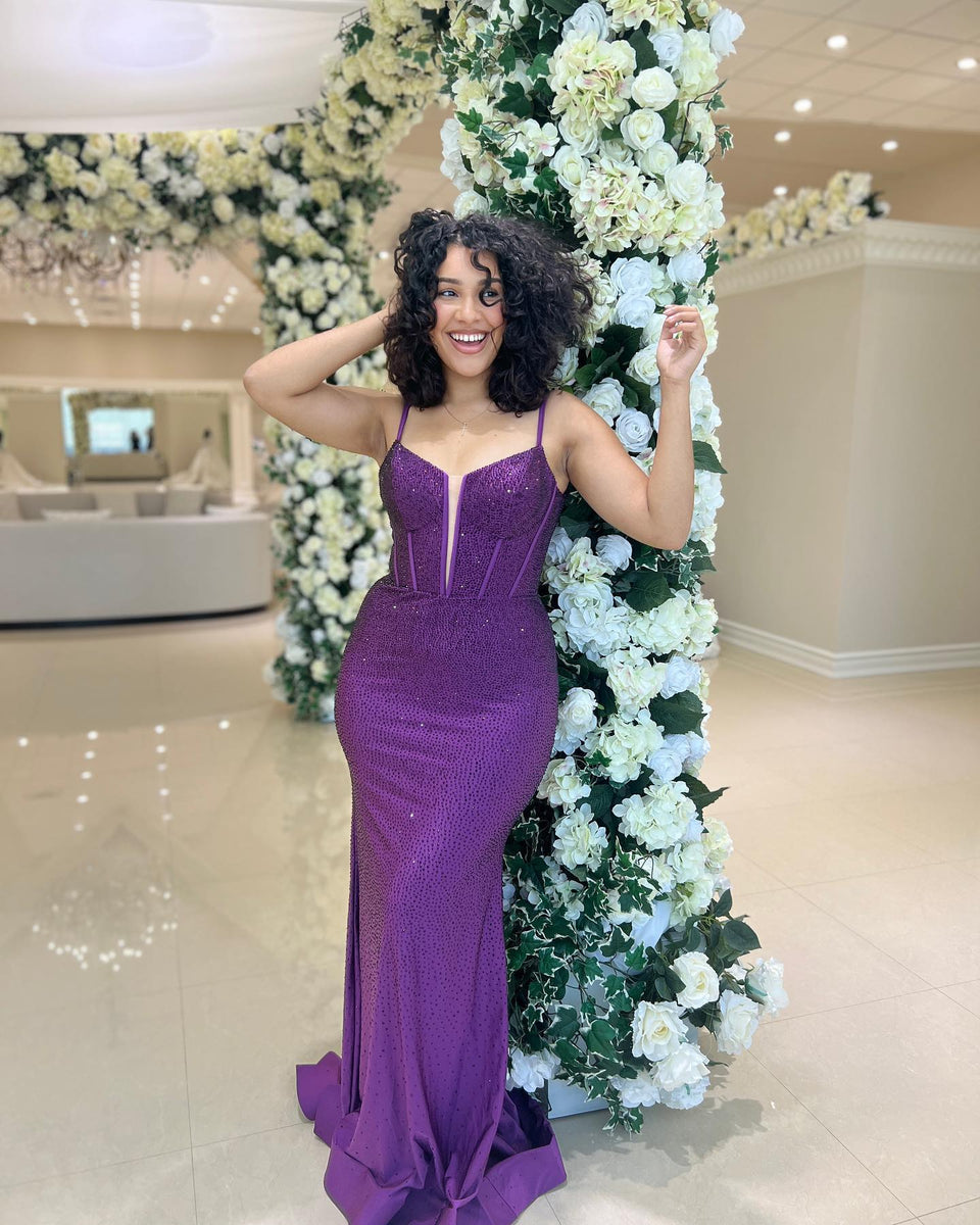 Dressself Women Glitter Dark Purple Mermaid Long Corset Prom Dress ...