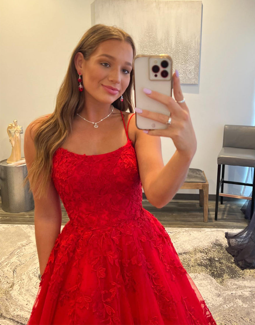 Dressself Princess Long Red Lace-Up Back Prom Dress with Appliques