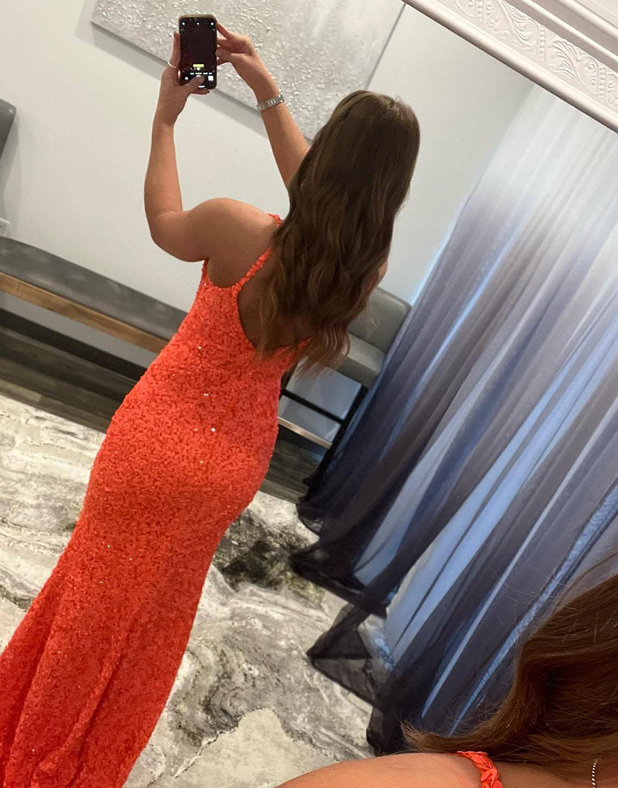 Dressself Sequin Long Orange Prom Dress with Split Formal Evening Dress