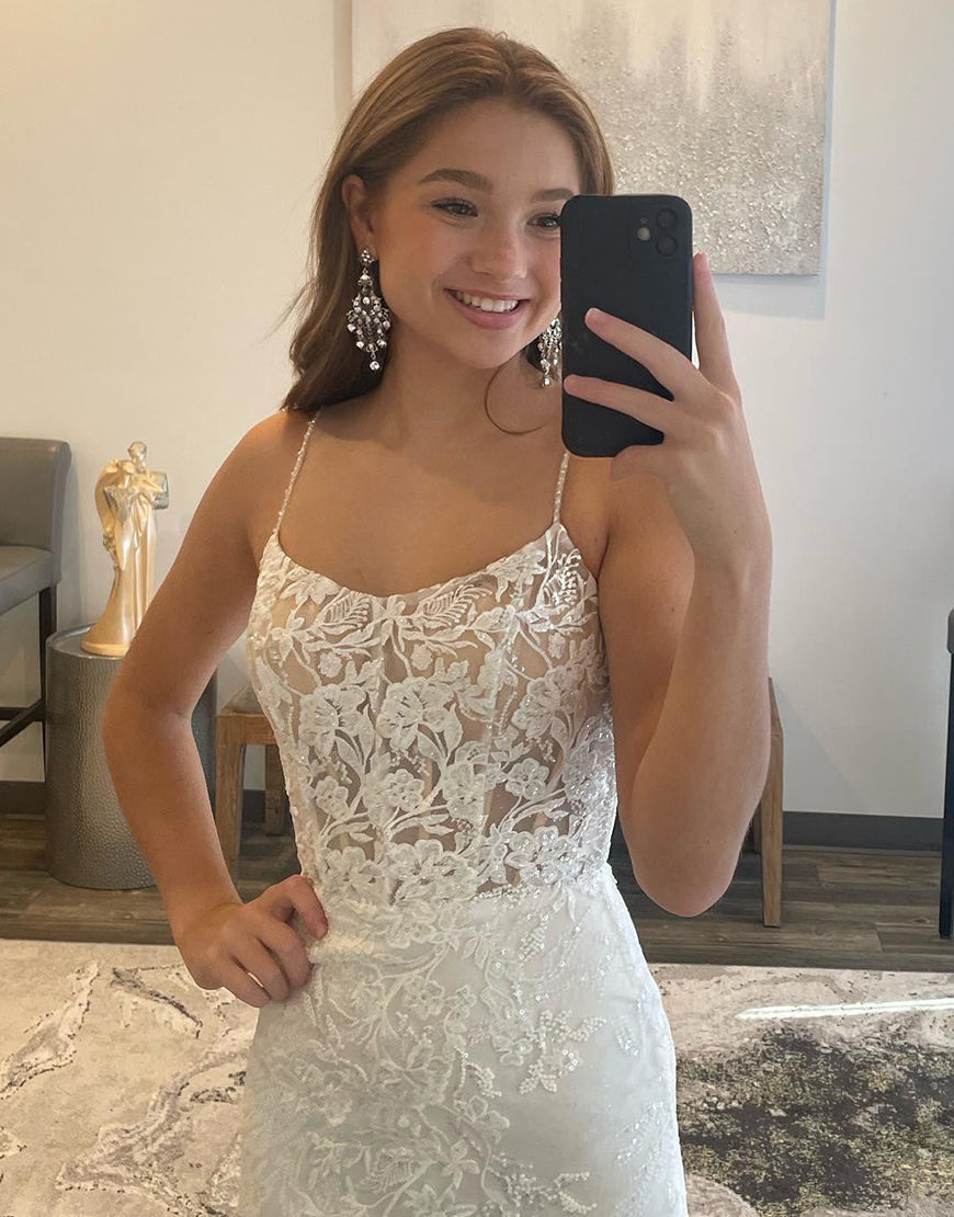 Dressself White Lace Sheath Prom Dress Long Formal Evening Dresses