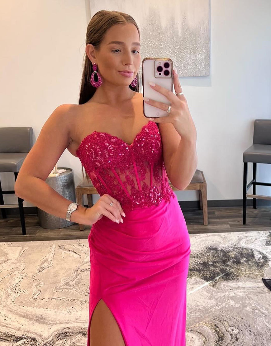 Dressself Sweetheart Pink Long Prom Dress with Lace Split Formal ...