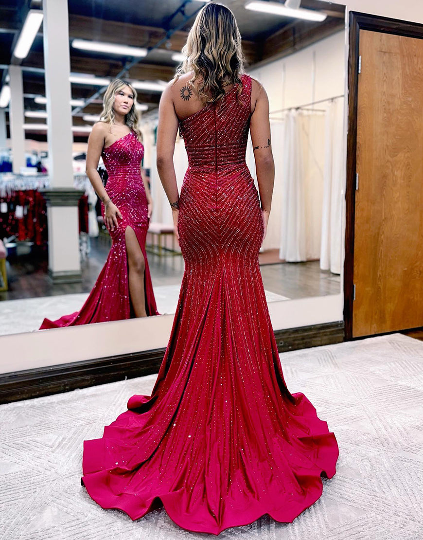 Dressself One Shoulder Sheath Long Beading Red Prom Formal Dress with Split
