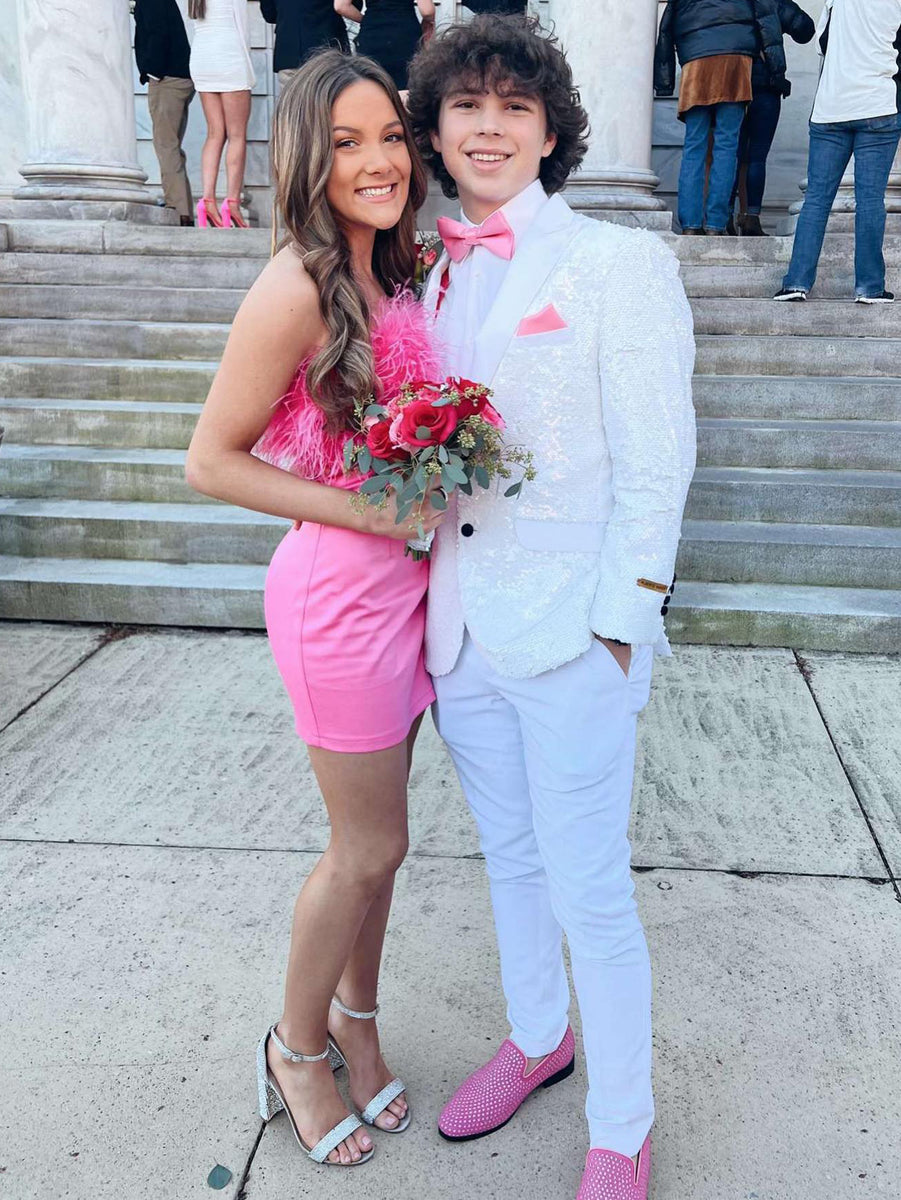 Dressself Men White Prom Blazer Peak Lapel Single Breasted Homecoming Suits