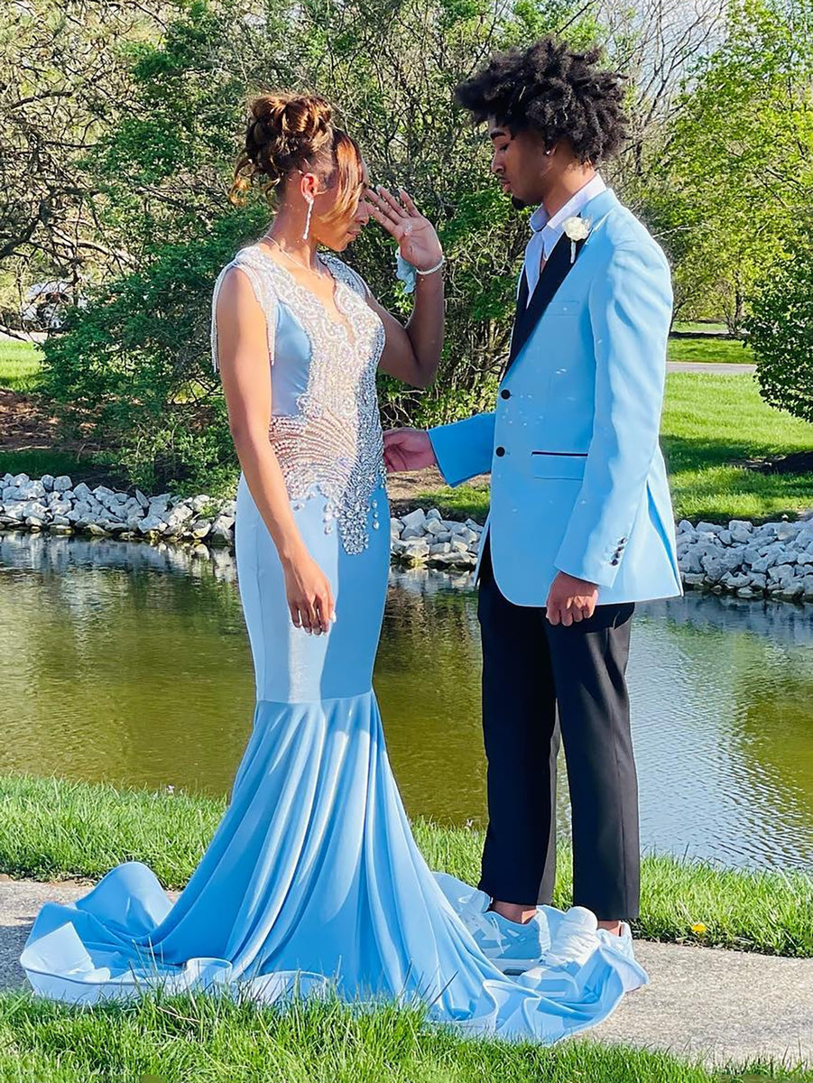 Dressself Men Light Blue Prom Blazer Peak Lapel Single Breasted ...