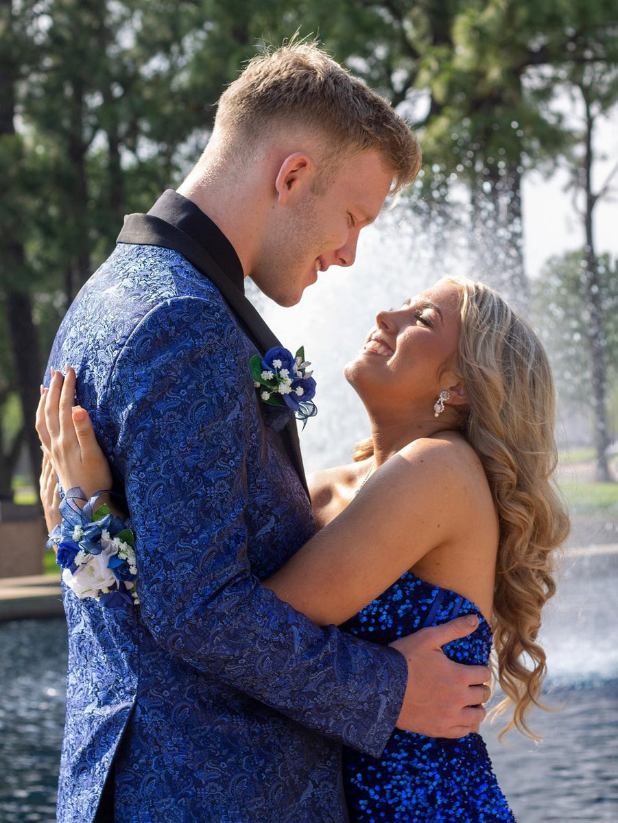 Dressself Men Blue Prom Blazer Shawl Lapel One Button Printed ...