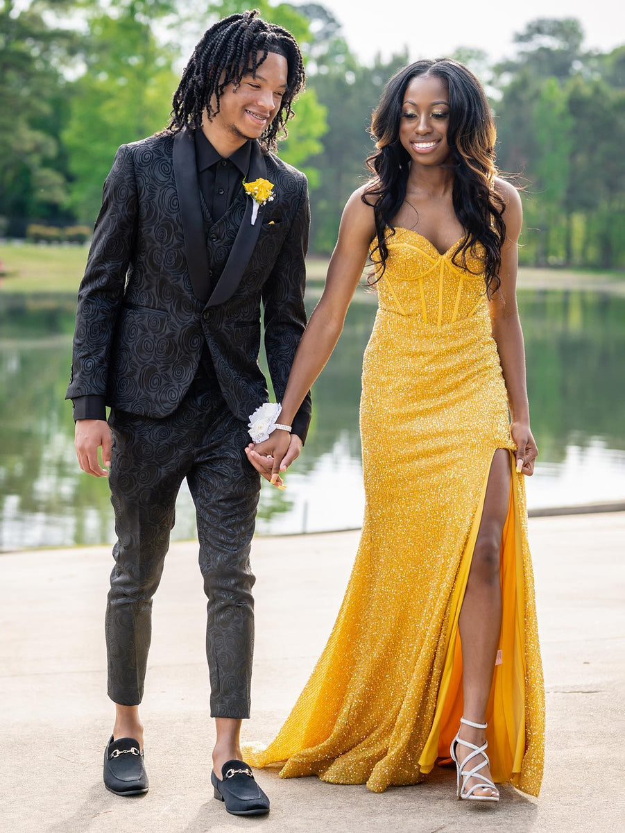 Dressself Men Black 3 Piece Prom Suits Shawl Lapel Jacquard Homecoming ...