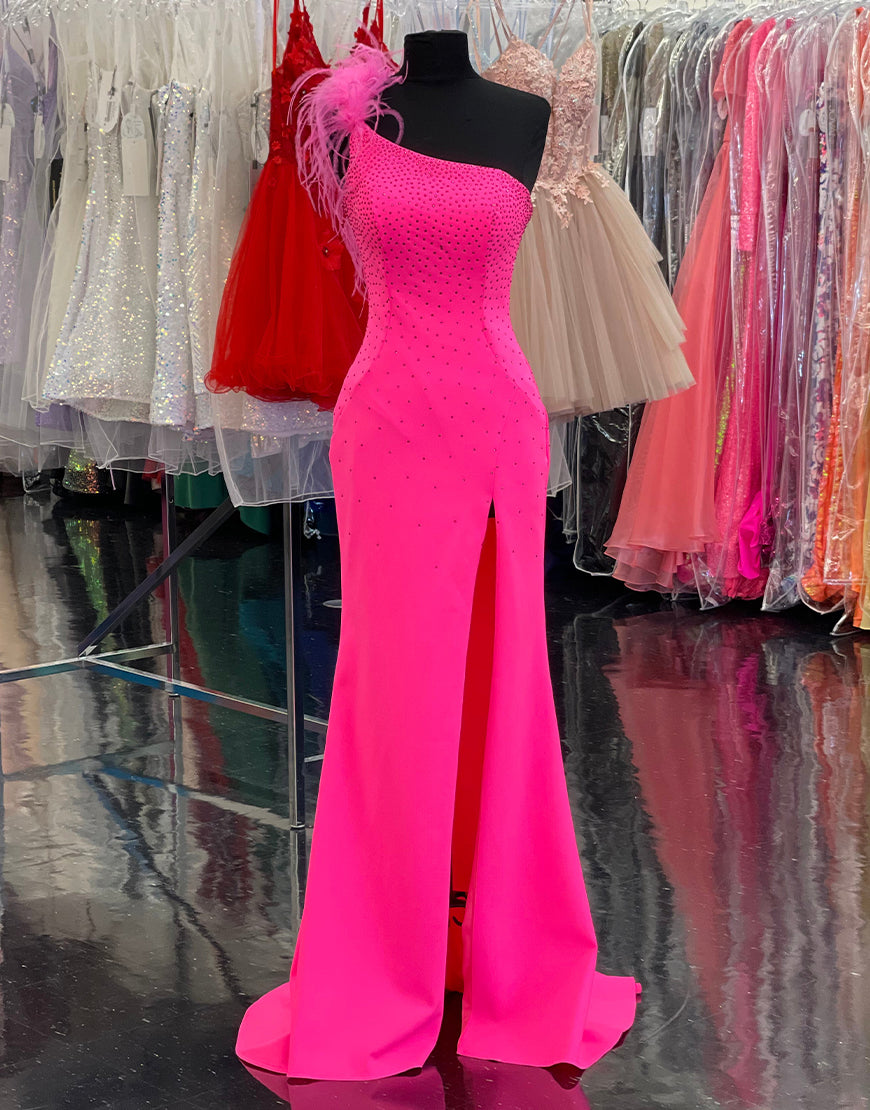 Dressself One Shoulder Slit Hot Pink Prom Dress with Feathers
